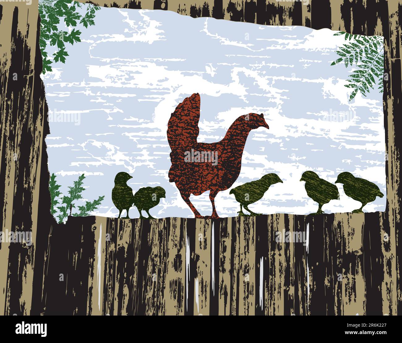 Vector illustration of a chicken and hicks in a barn window Stock ...