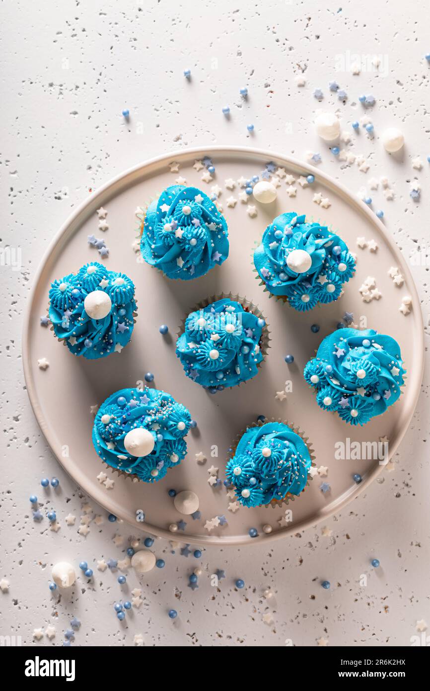 Tasty and sweet cupcakes with flower shaped cream. Perfect blue dessert ...