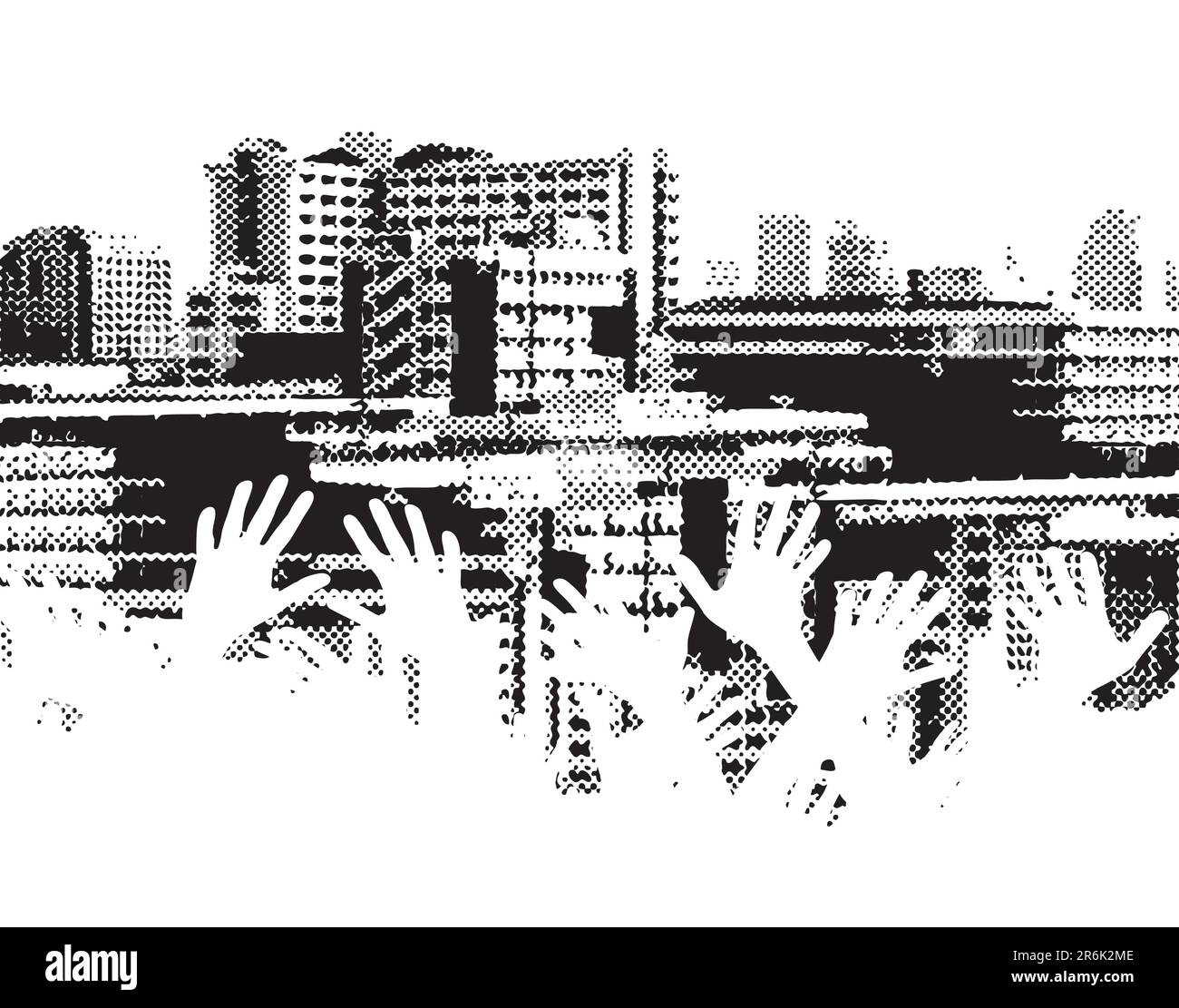 Vector halftone design of a city skyline with out-stretched hands Stock ...