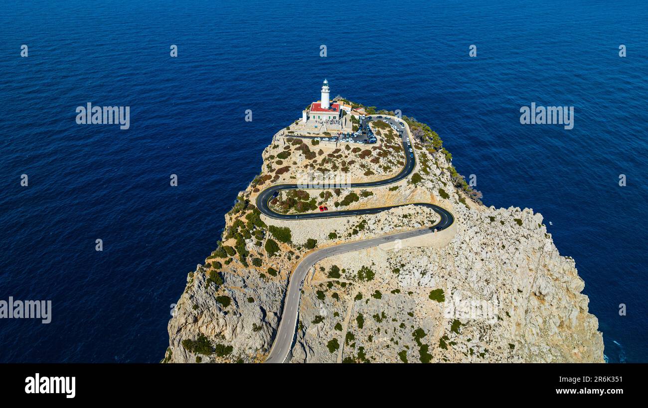 Aerial of the Formentor lighthouse, Mallorca, Balearic Islands, Spain ...