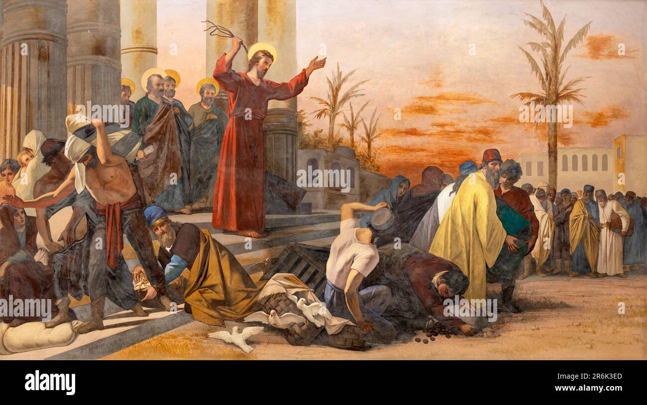 NAPLES, ITALY - APRIL 20, 2023: The fresco of Jesus Cleanses the Temple ...