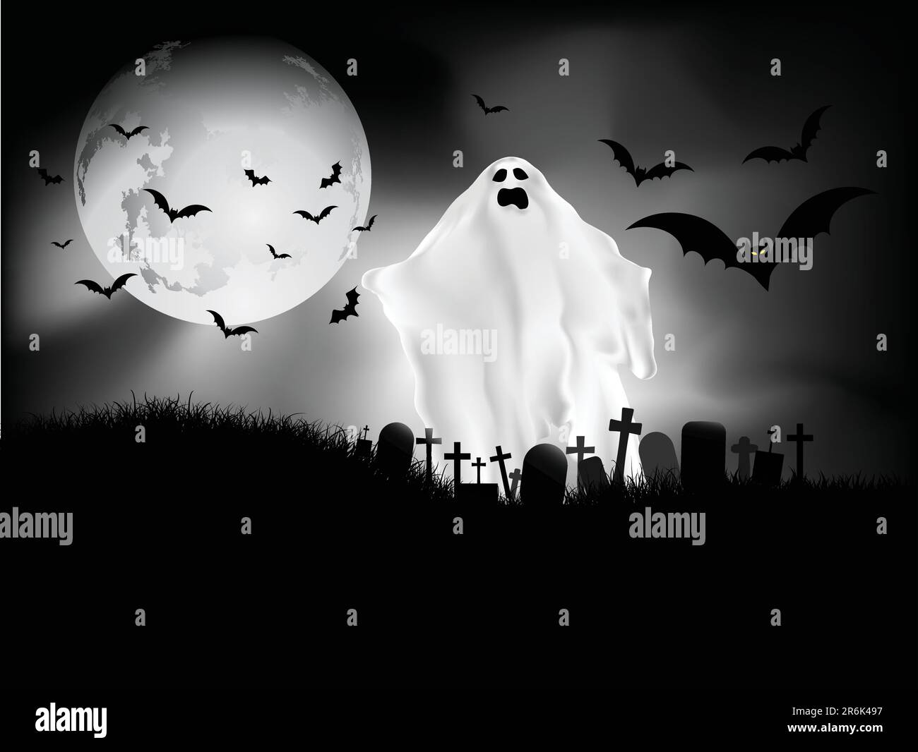 Spooky Halloween background with ghost in the graveyard Stock Vector ...