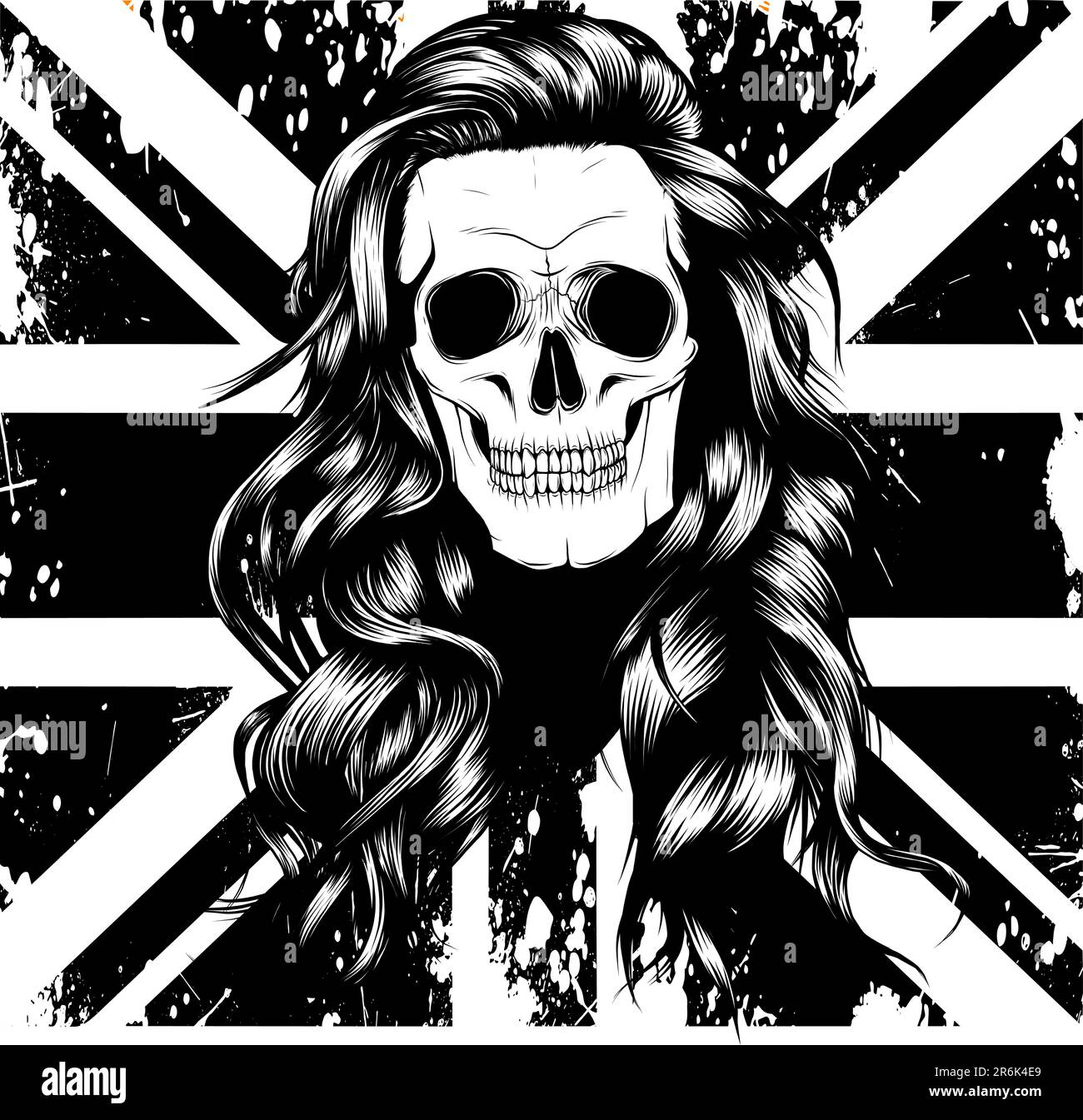 The hand drawn of the monochrome girl skull with the wavy long hair on ...