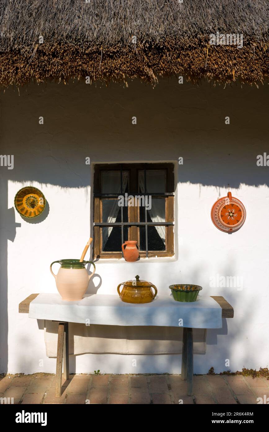 Table and utensils against traditional Hungarian village hut Stock ...