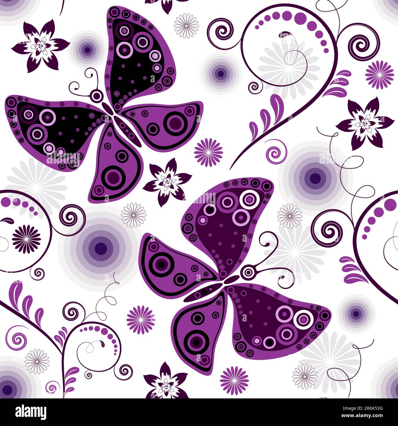 Repeating floral white pattern with violet flowers and butterflies ...