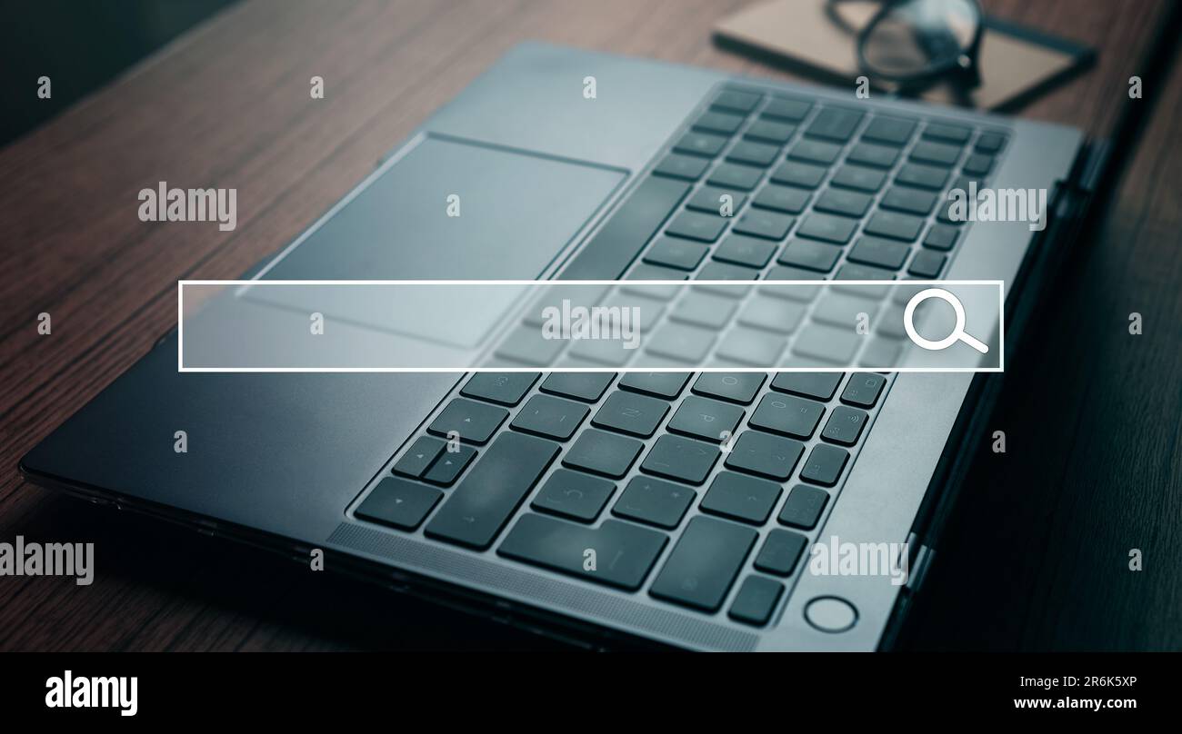 Desktop photo with digital search bar. Internet of things. Concept of searching browsing ...