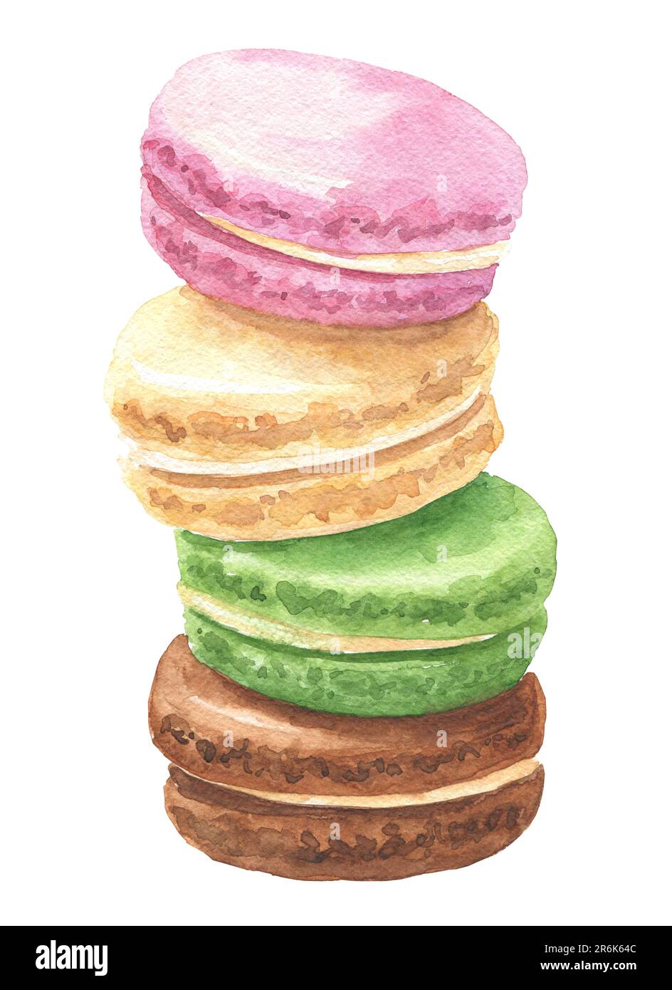 Hand drawn watercolor pile of colorful macaron french cakes, isolated ...