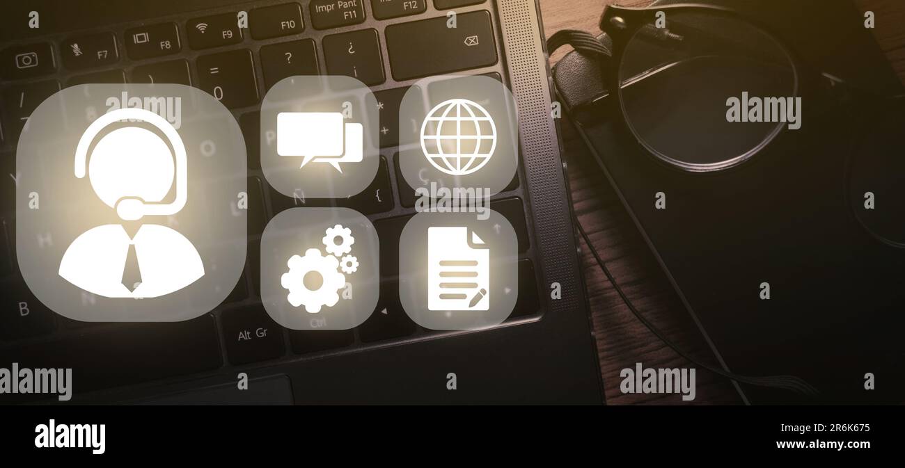 Desktop photo with customer service interface on top. Internet of ...