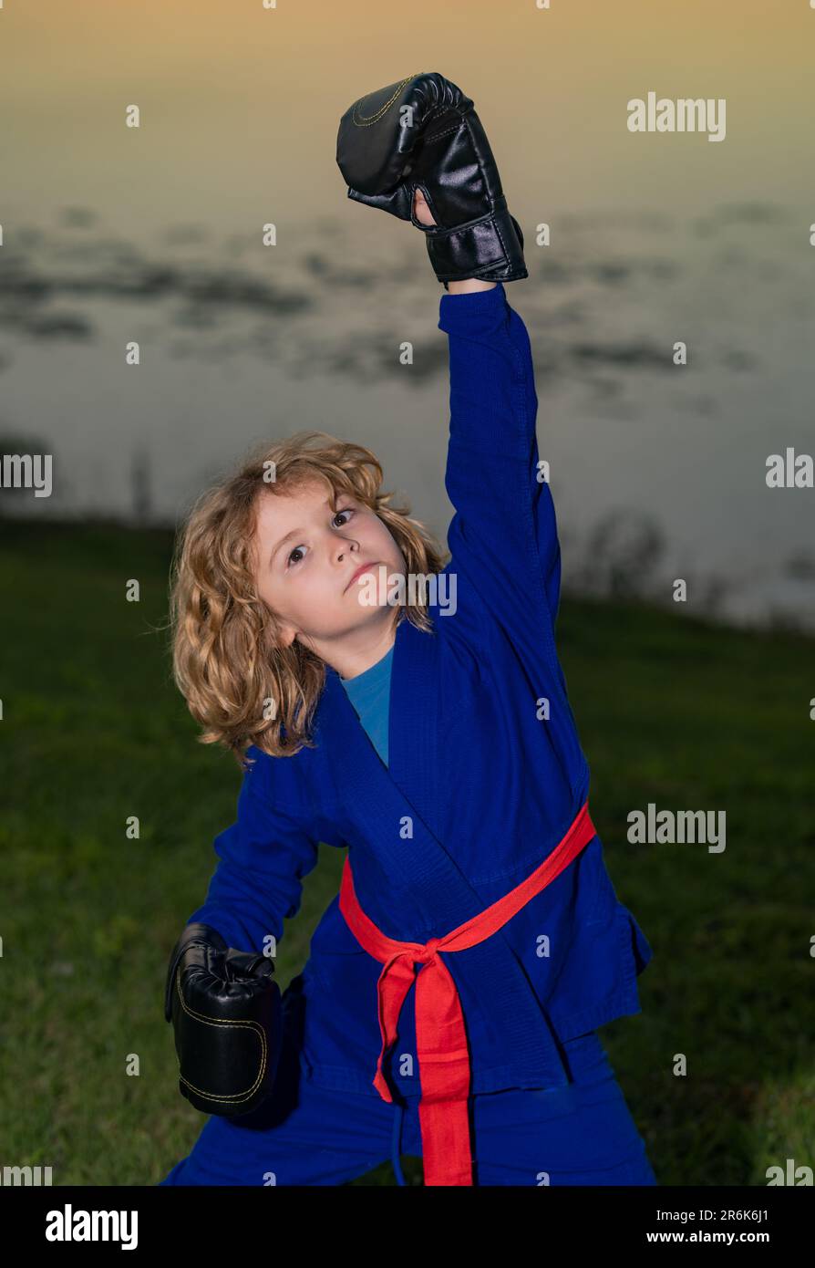 Kid boy practicing karate outdoor. Sport karate kids. Little boy ...