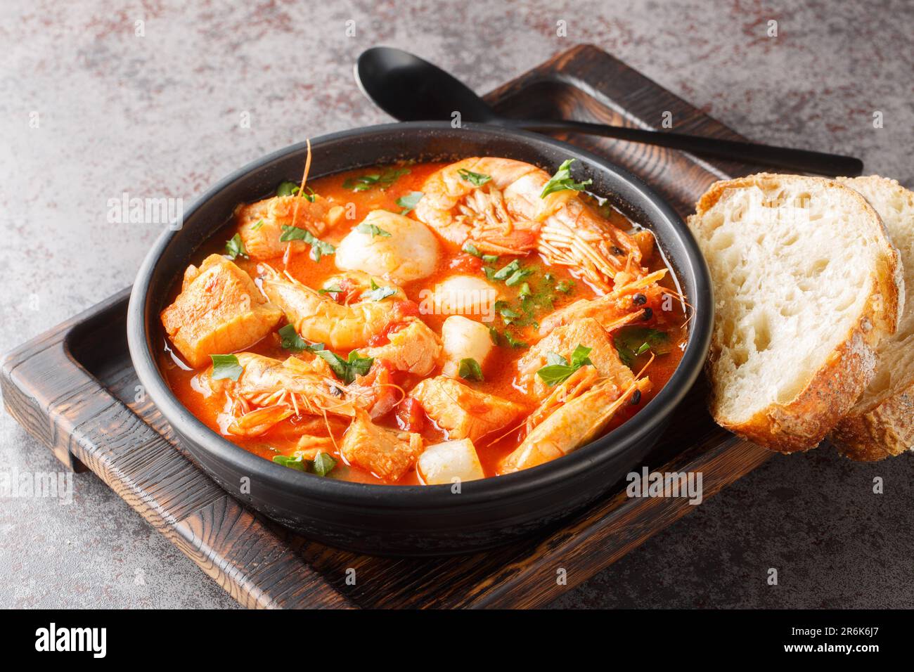 Mediterranean soup of seafood and white fish with shrimp, mussels ...