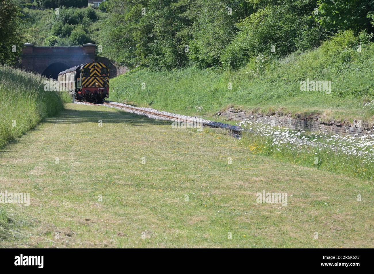 A class 09 diesel locomotive pulls two carriages Stock Photo - Alamy