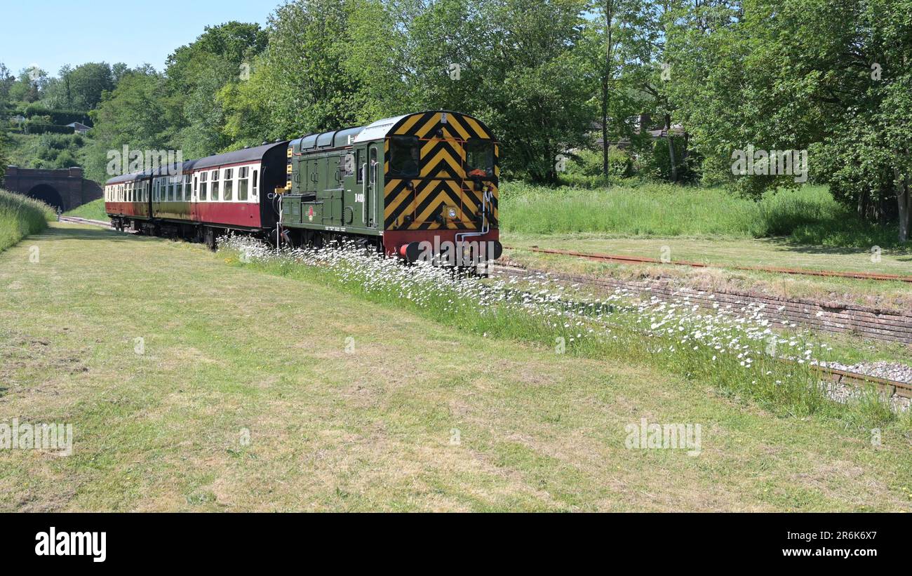 A class 09 diesel locomotive pulls two carriages Stock Photo - Alamy