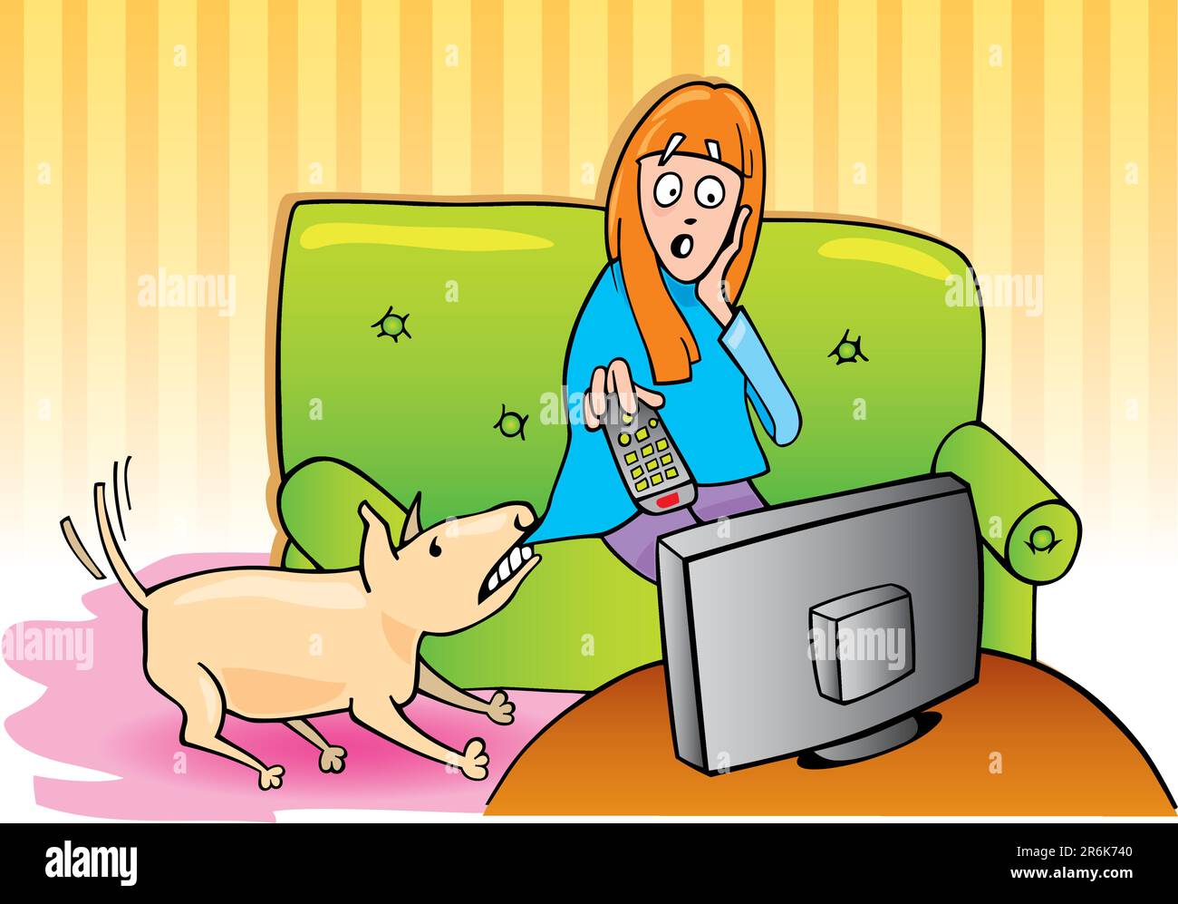 Cartoon illustration of dog wants to go for a walk and girl watching ...