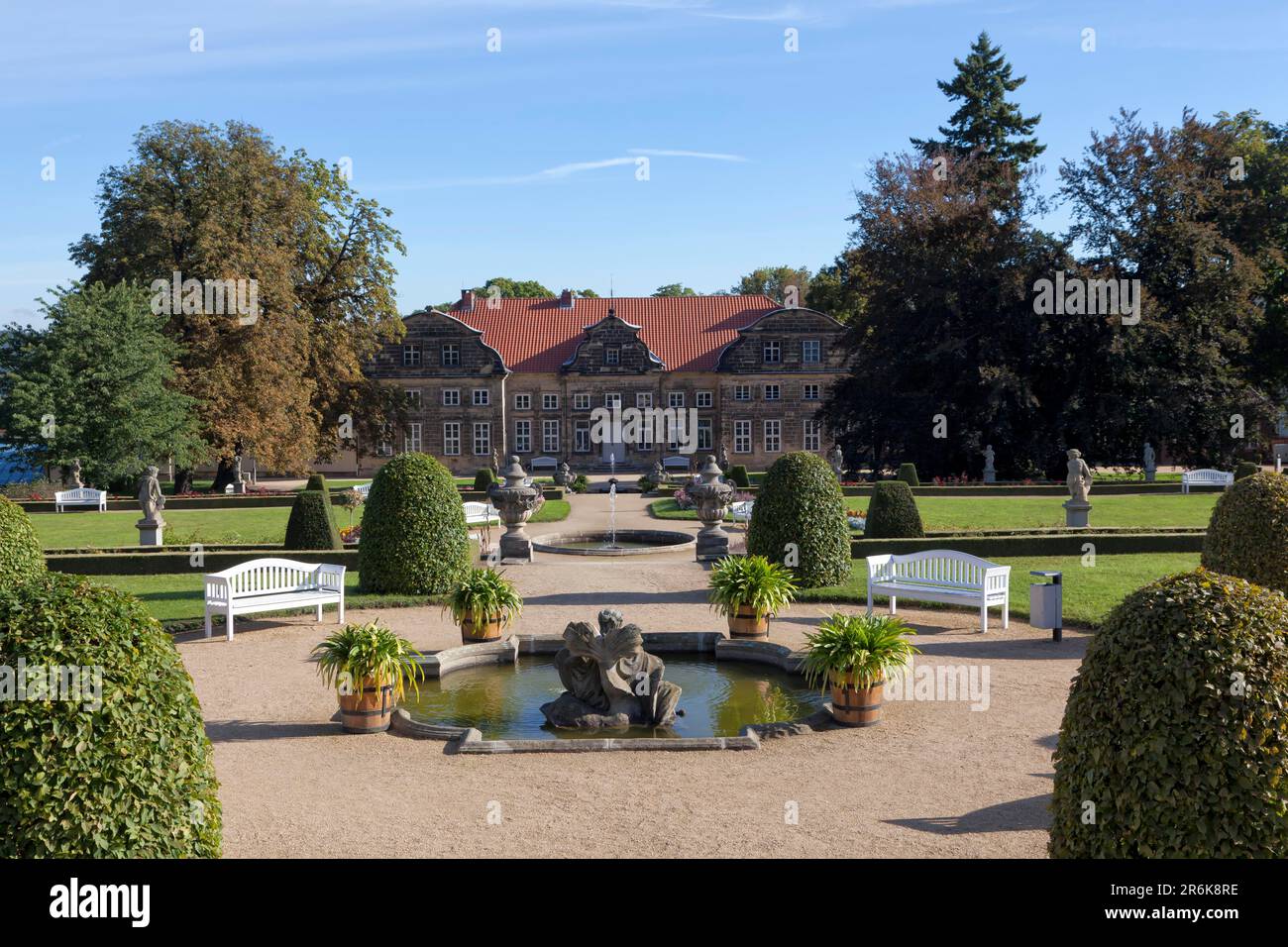 Look at the small castle in the baroque gardens of Blankenburg, the ...