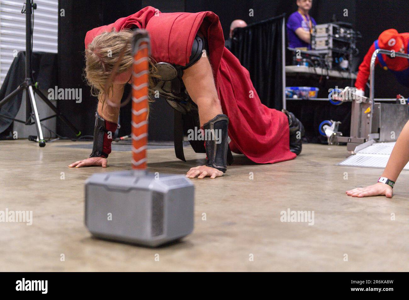 Thor leads a push up challenge during the OzComicCon 2023. Oz Comic Con ...