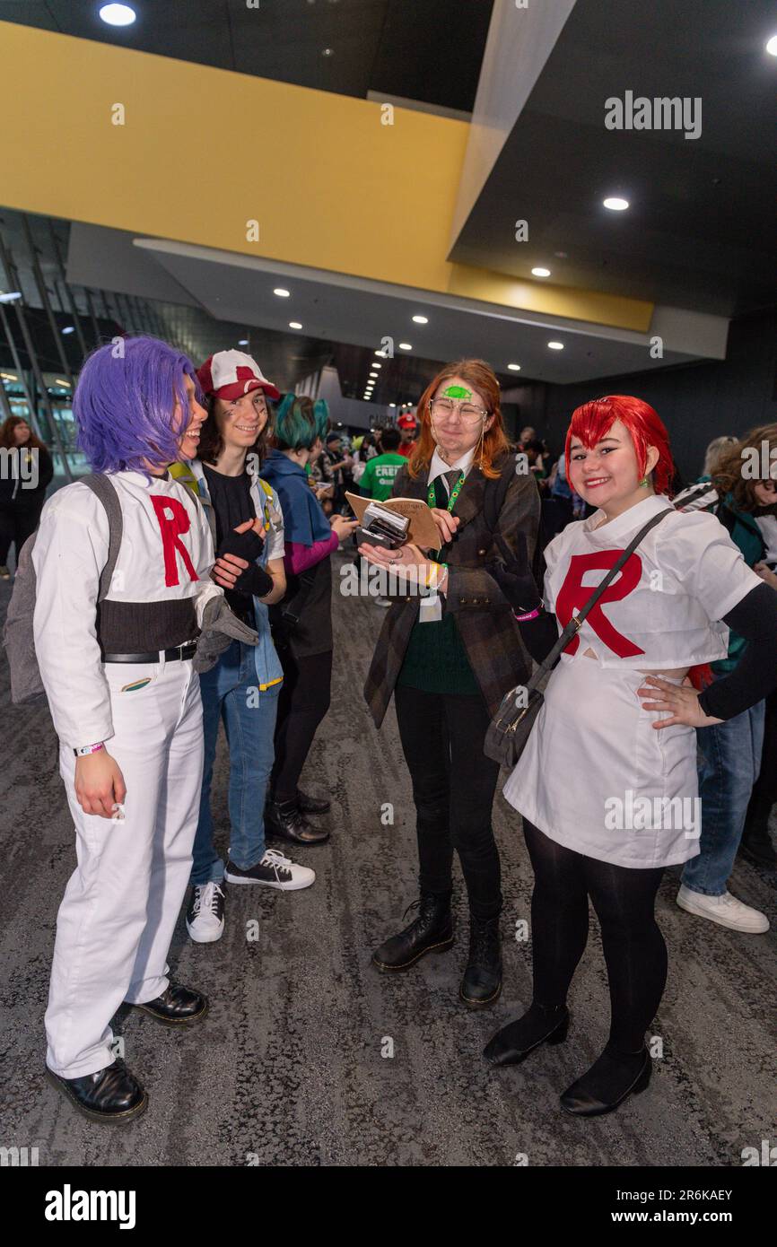 Melbourne, Australia. 10th June, 2023. Pokémon fans in costumes wait in ...