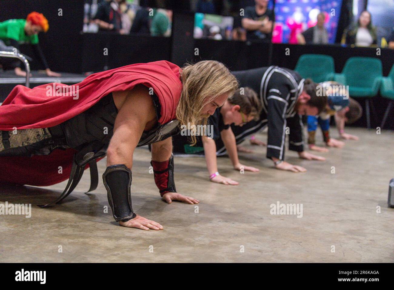 Melbourne, Australia. 10th June, 2023. Thor leads a push up challenge ...
