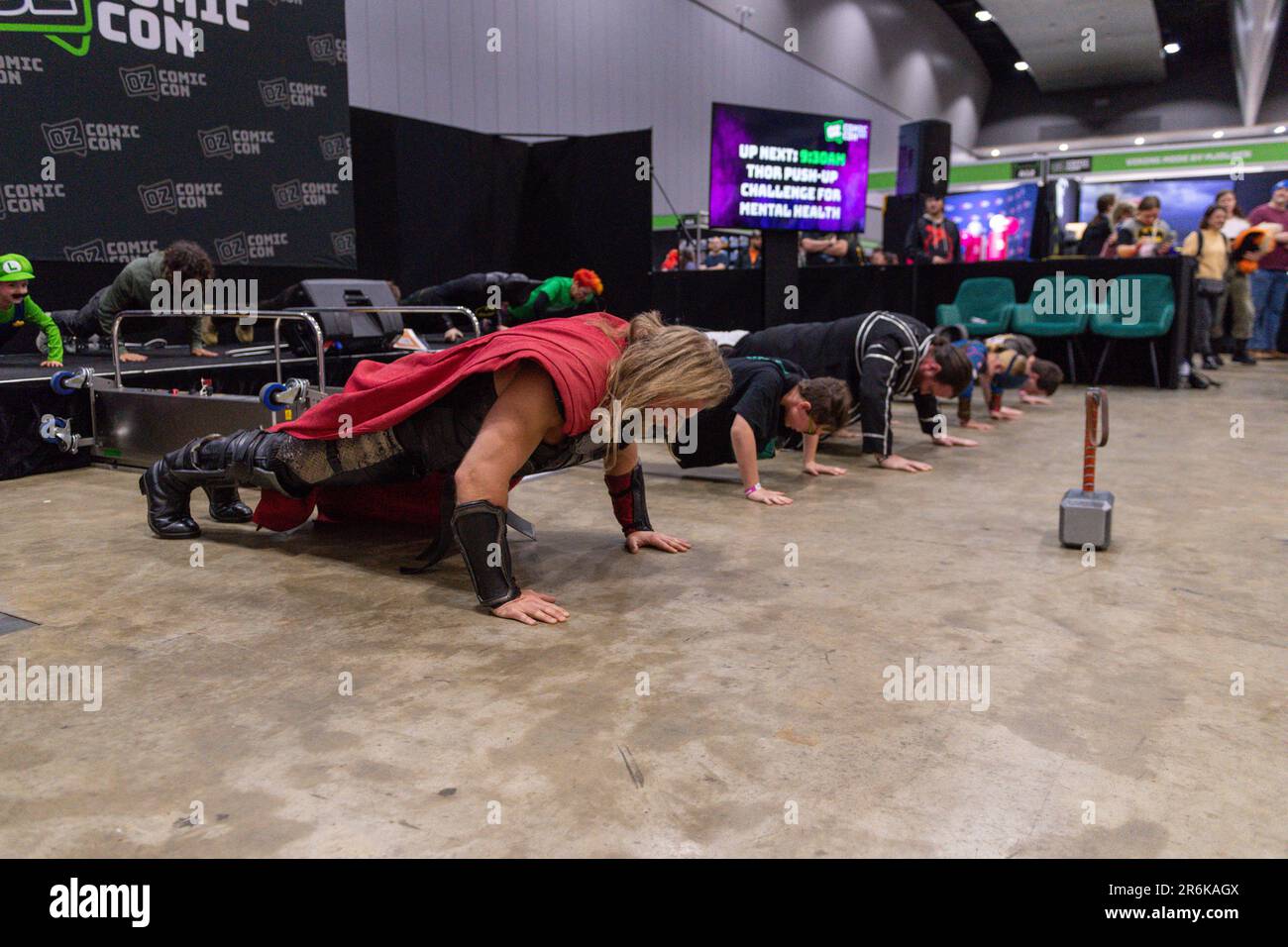 Melbourne, Australia. 10th June, 2023. Thor leads a push up challenge ...