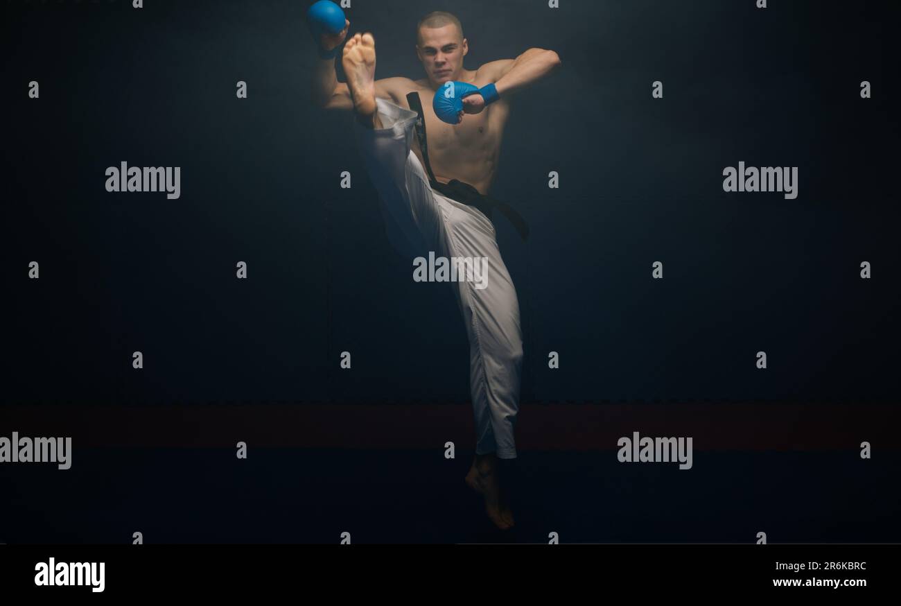 Good looking karate boy doing the Mae Geri practice at the karate ...