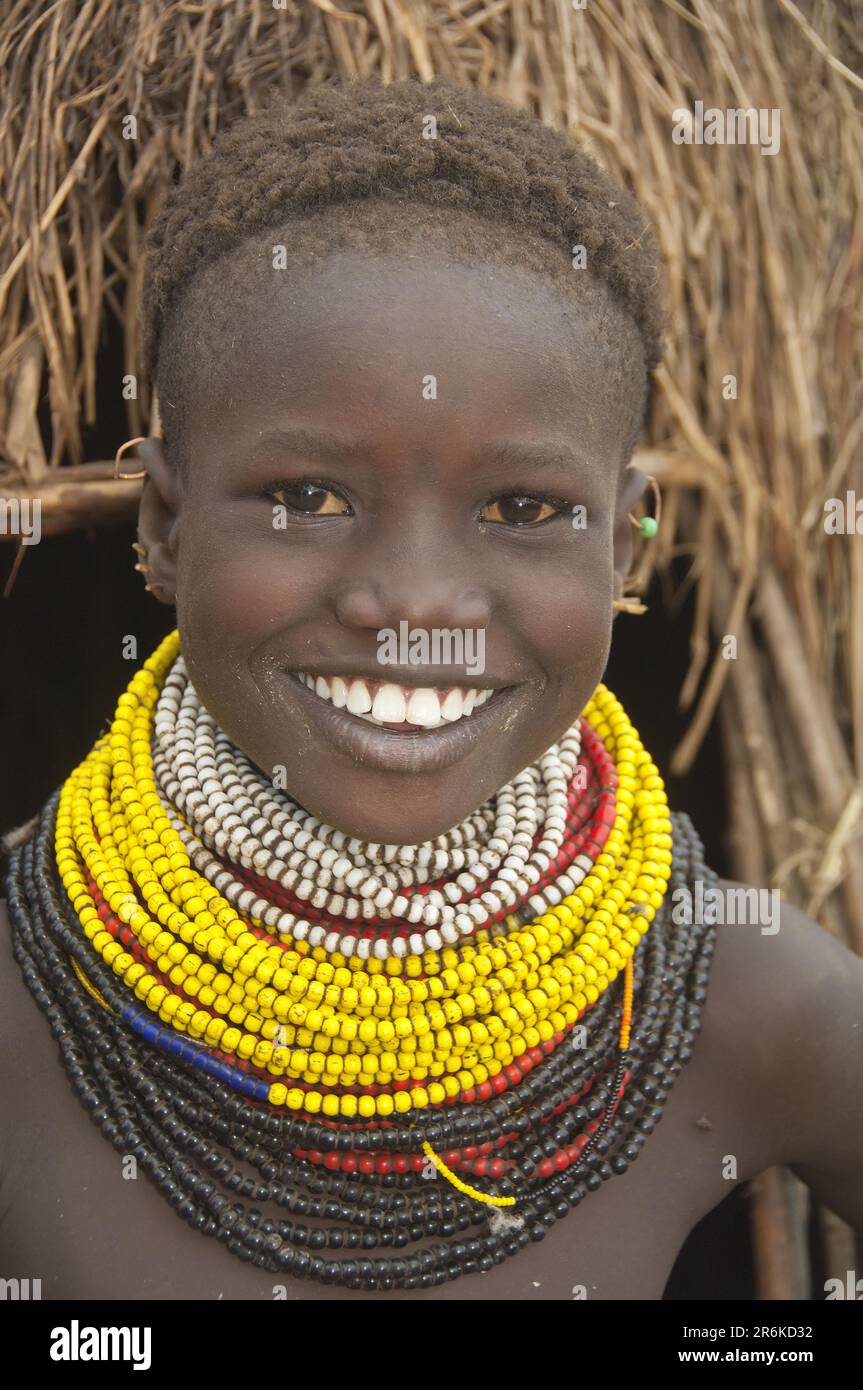 Nyangatom girl with beaded necklaces, Omo River Valley, Ethiopia, Bume ...