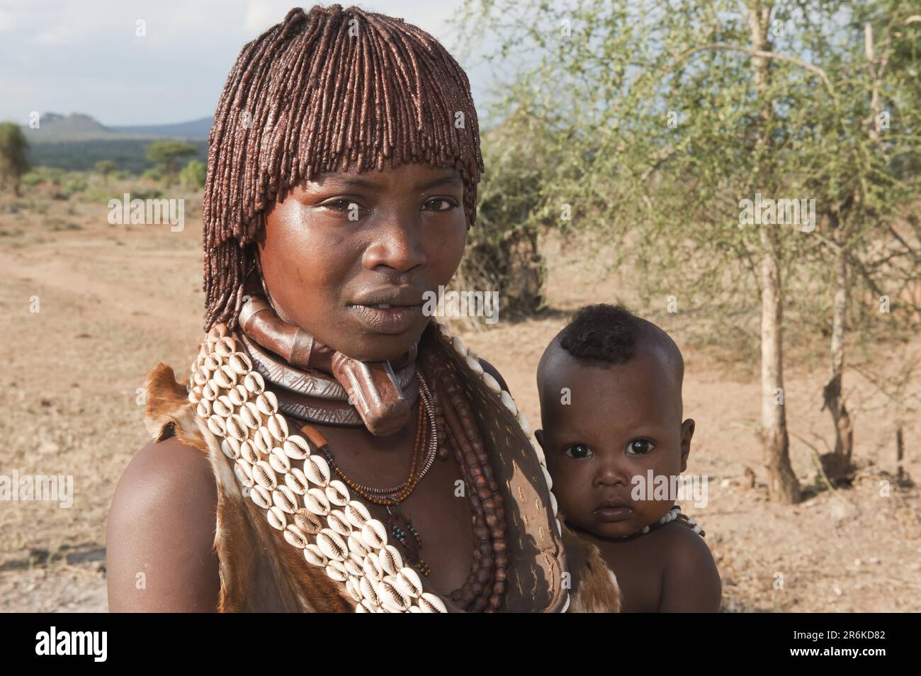 Hamar woman with baby, cowrie shell necklace, Hamar tribe, Omo valley ...