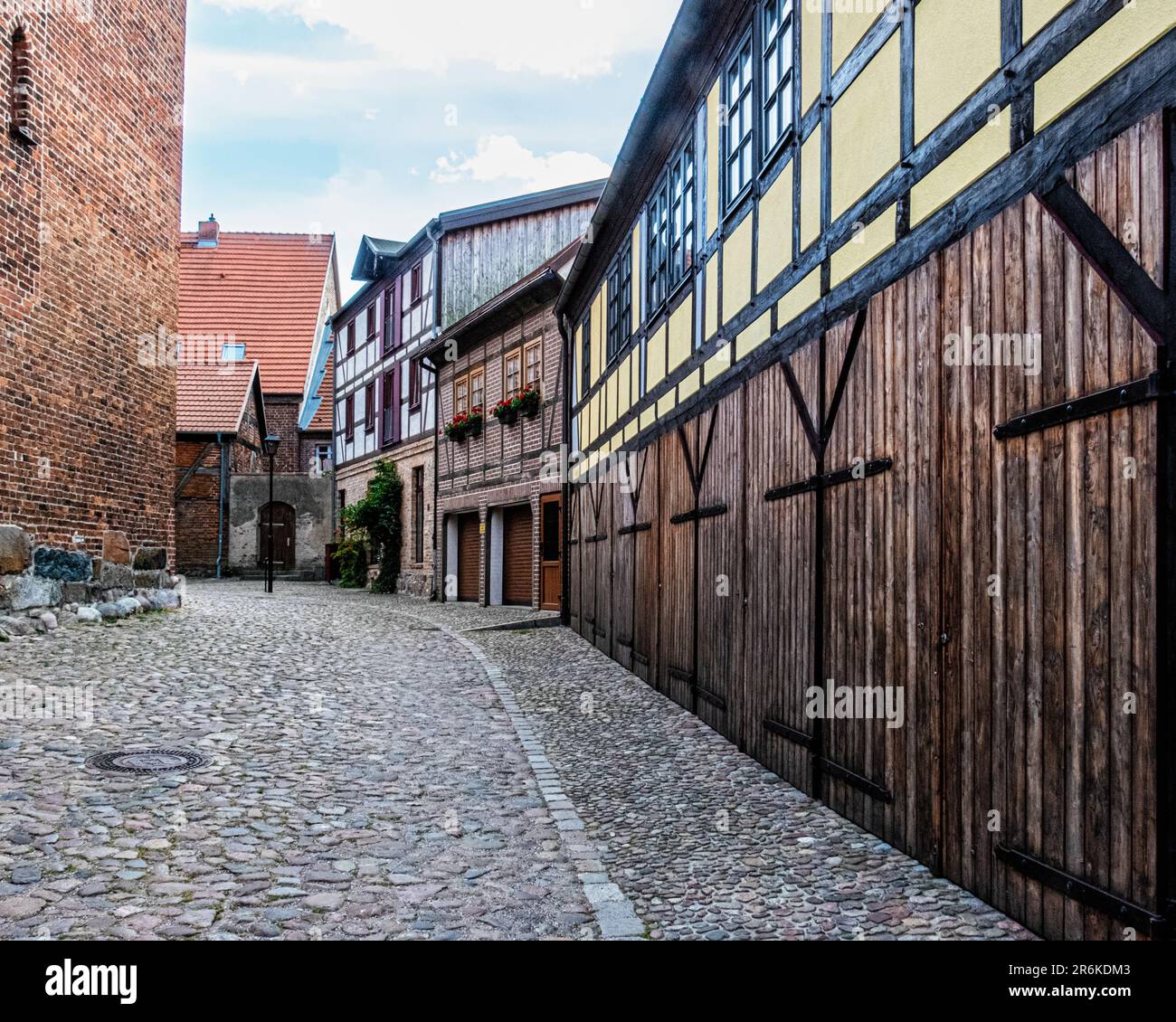 Street view of historic listed buildings in the old town, Waren (Müritz ...