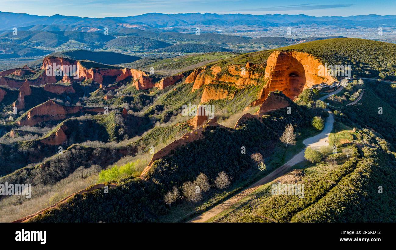 Aerial of Las Medulas old Roman gold mine, UNESCO World Heritage Site ...