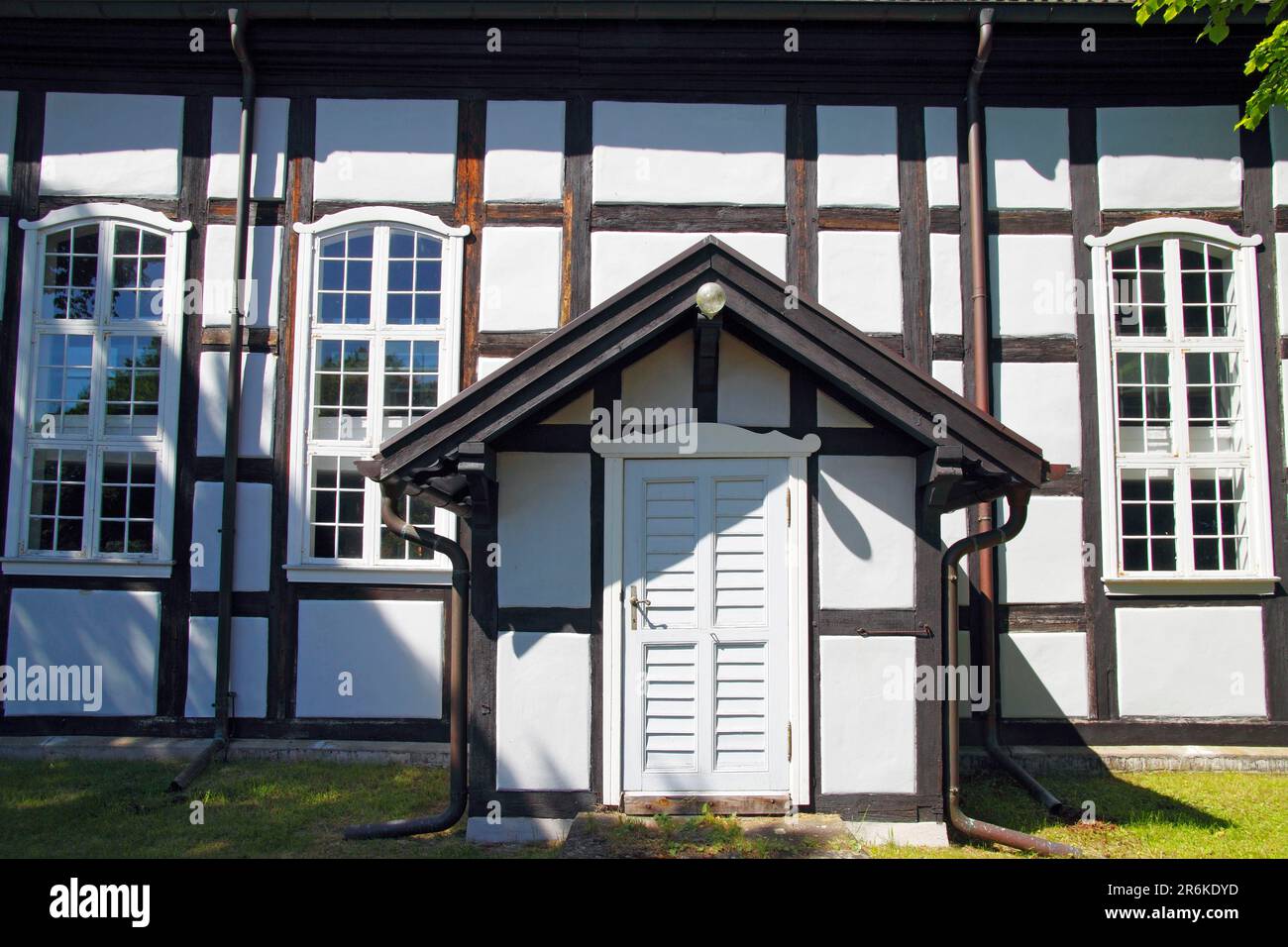 Entrance, Historic half-timbered church, Ahlbeck, built 1754, Uecker ...