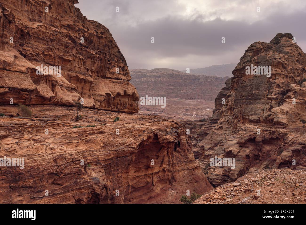 Typical landscape at Petra, Jordan, rocky walls around narrow canyon ...