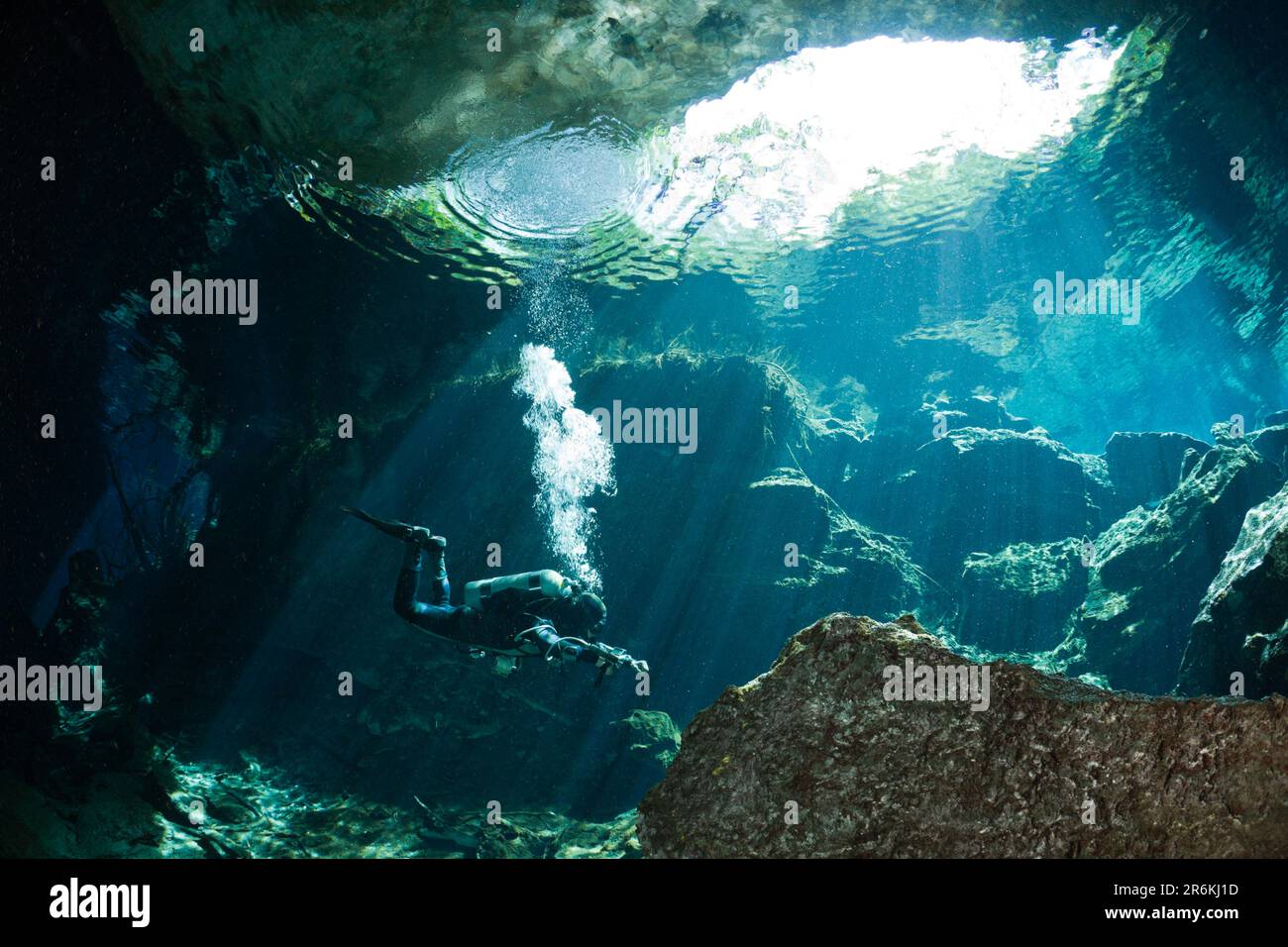 Diver in underwater cave, Cenote Chac Mool, Yucatan Peninsula ...