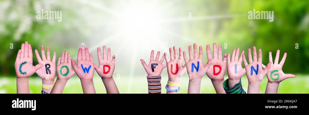 Children Hands Building Word Crowd Funding, Grass Meadow Stock Photo ...