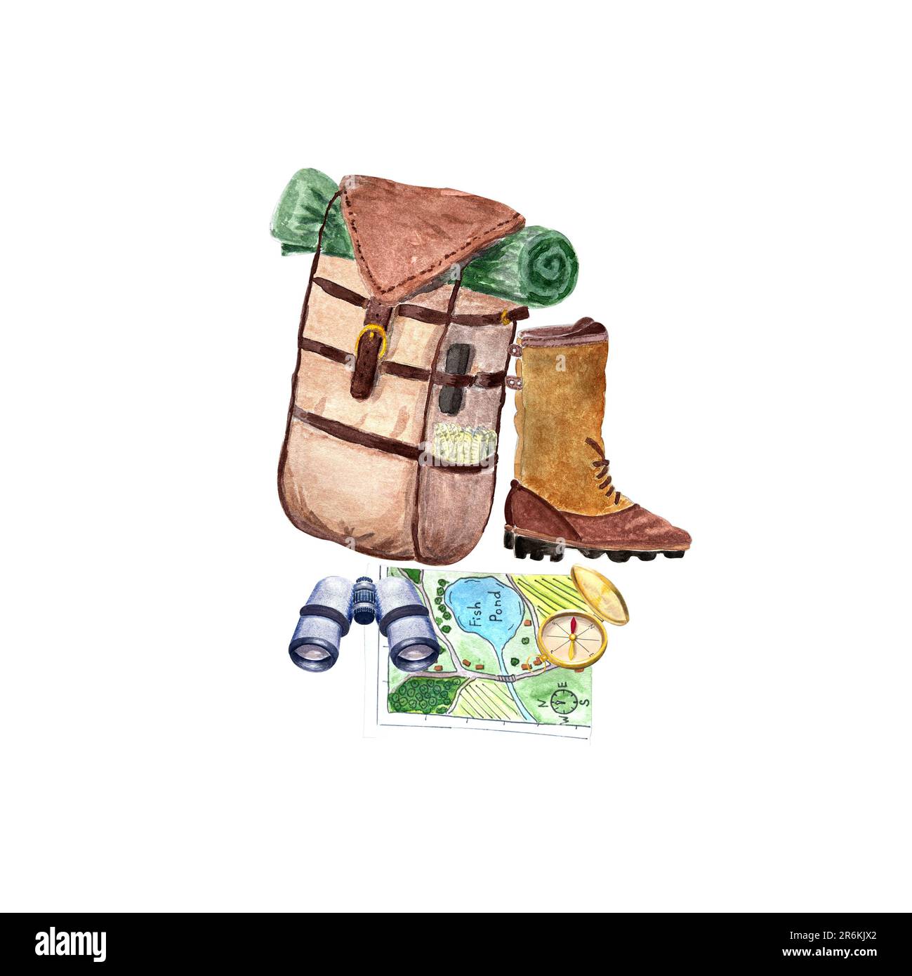 Watercolor travel composition with backpack and boots Stock Photo - Alamy