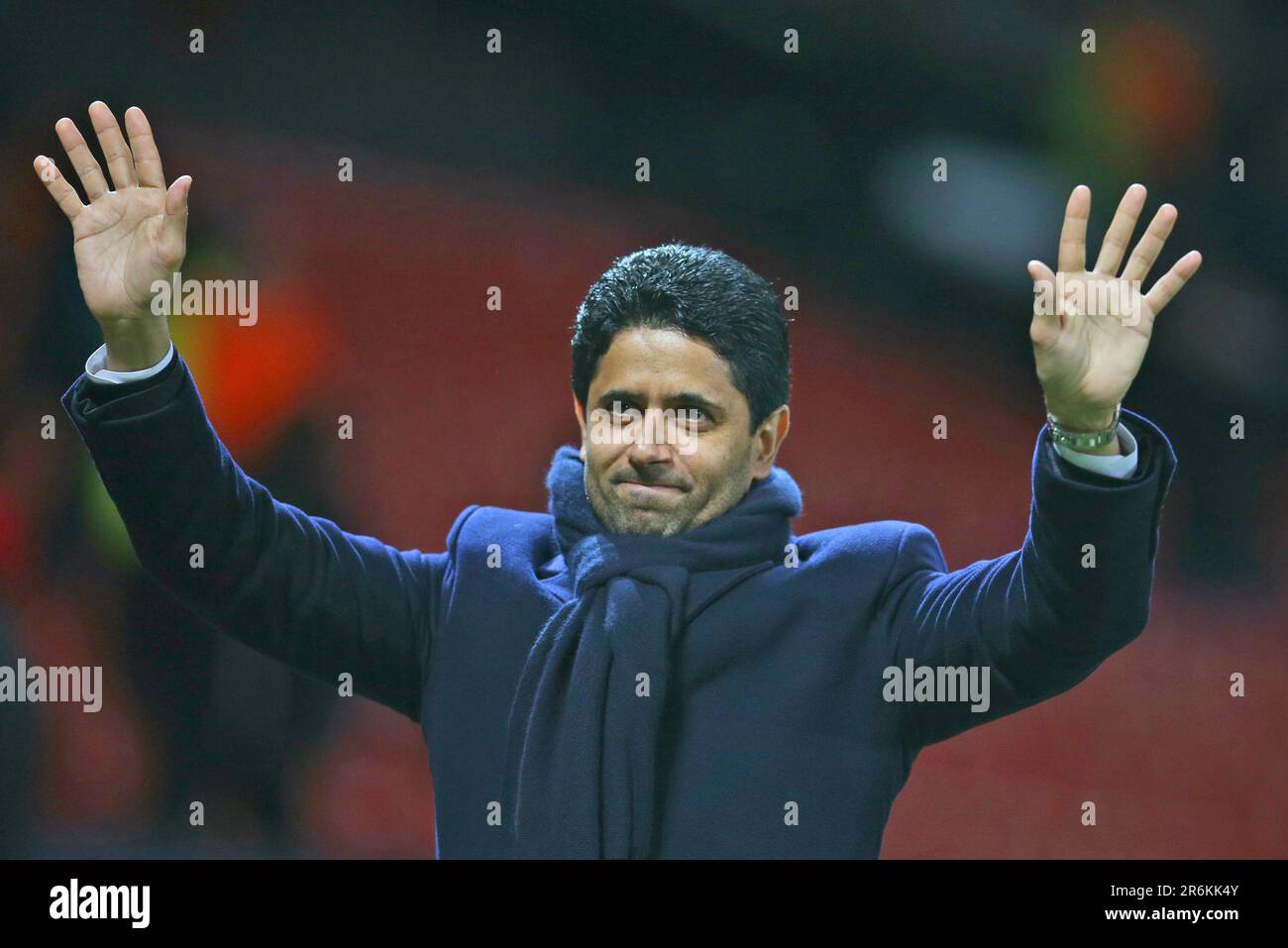 FILE - Paris Saint Germain owner Nasser bin Ghanim Al-Khelaifi waves to ...