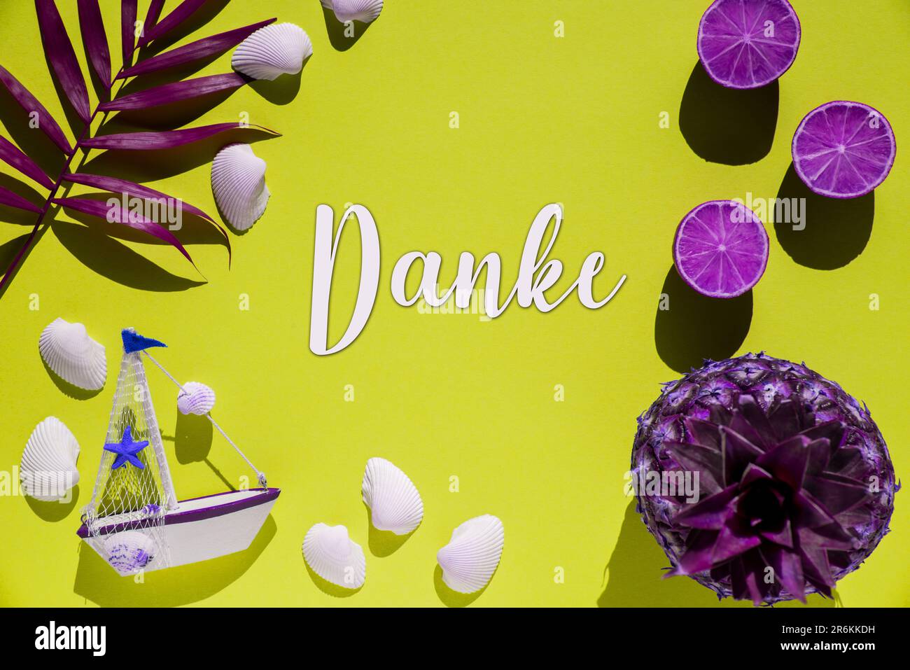 Yellow Flat Lay, Boat, Shells, Purple Pineapple, Text Danke Means Thank ...