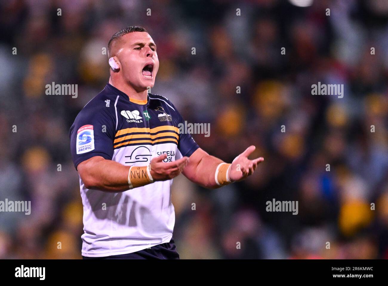 Canberra, Australia. 10th June, 2023. Blake Schoupp the Brumbies reacts ...