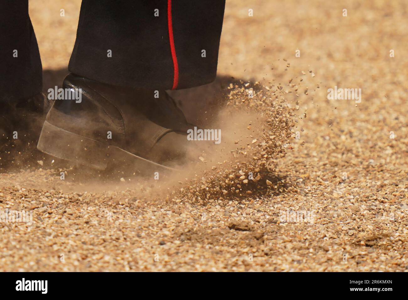 A view of gravel as a soldier marches during the Colonel's Review, the ...