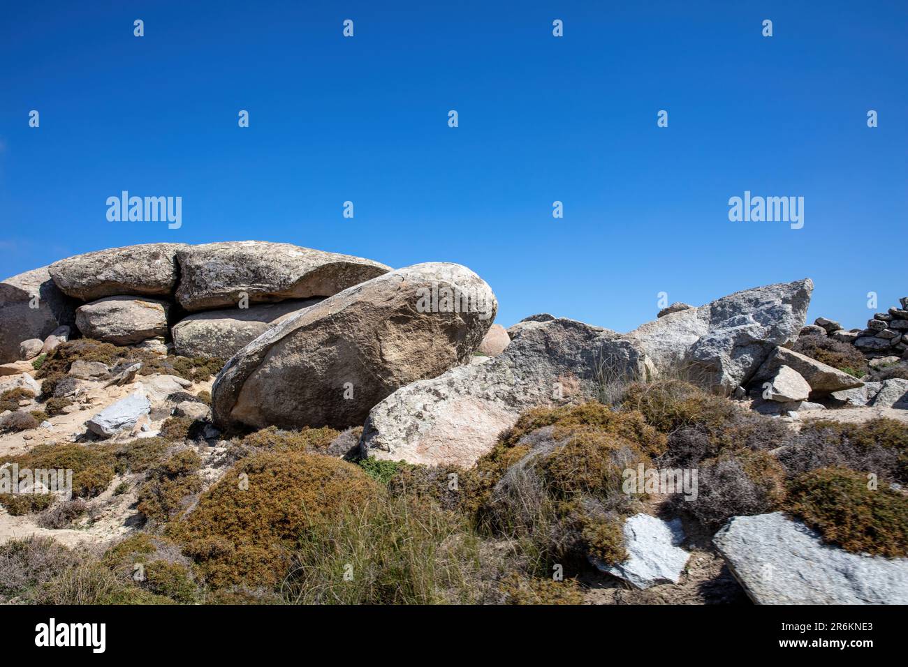 Lunar landscape with huge, smooth granite rock. Volax village in Tinos ...