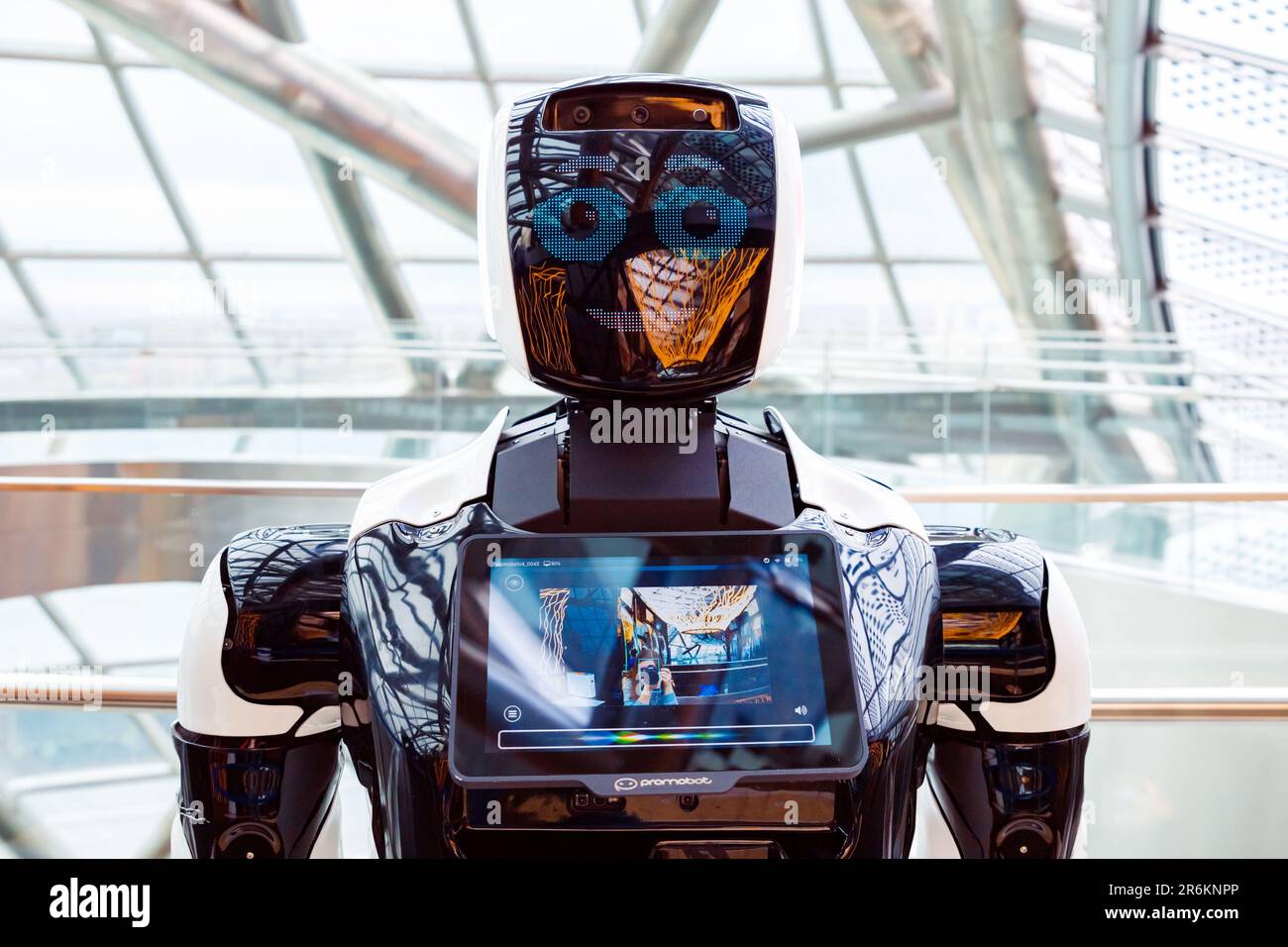 robot portrait close-up. smiling face of robot, photographer's ...