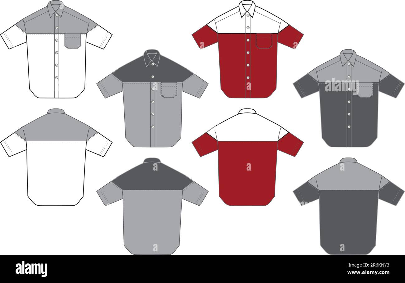 Short sleeve shirts, front and back, in assorted colours. Vector ...