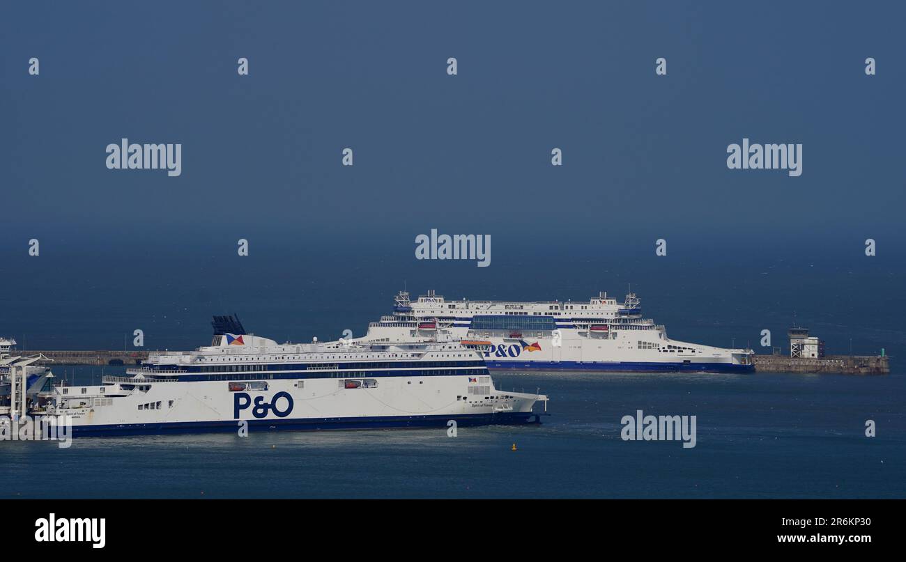 A view of the P&O Pioneer ferry moored at the Port of Dover in Kent ...