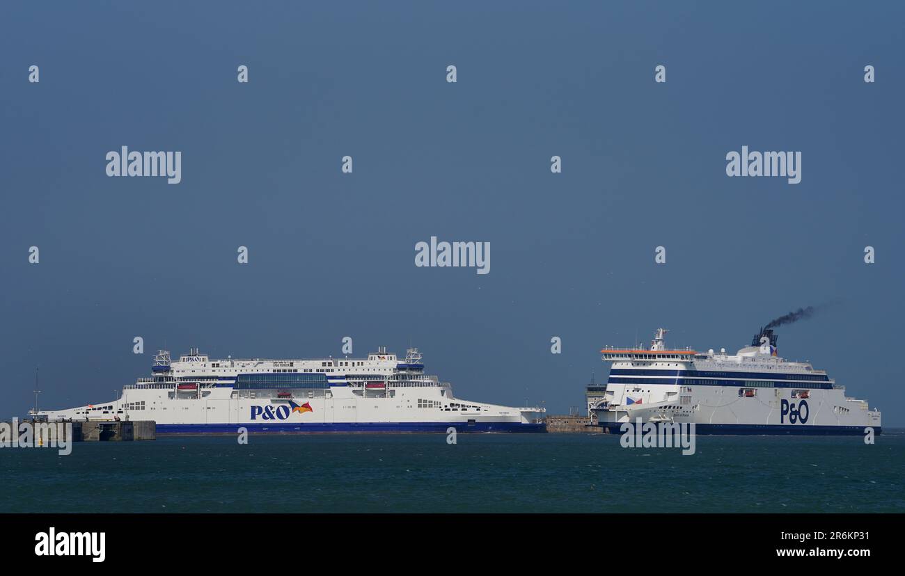 A view of the P&O Pioneer ferry moored at the Port of Dover in Kent ...