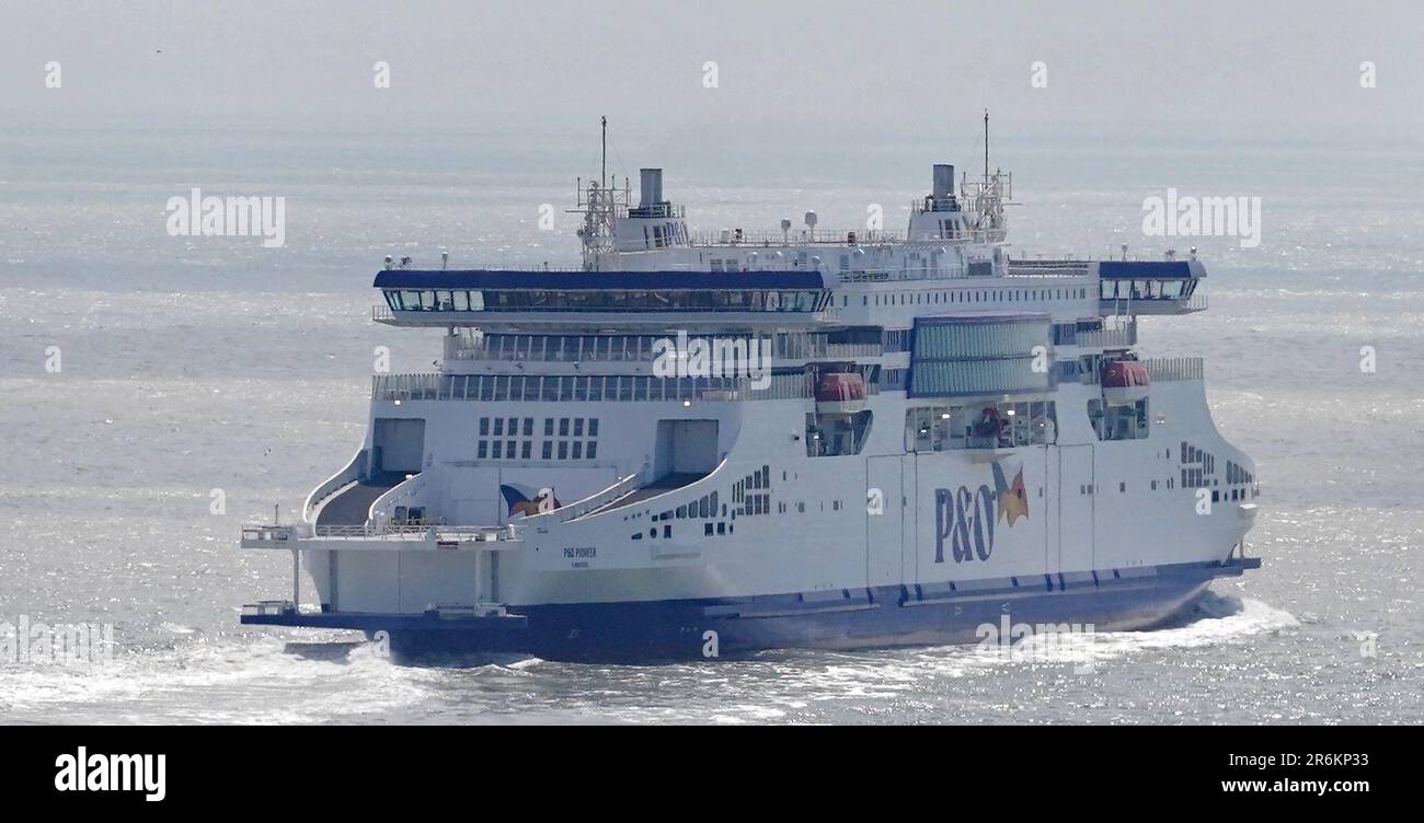 A view of the P&O Pioneer ferry moored at the Port of Dover in Kent ...