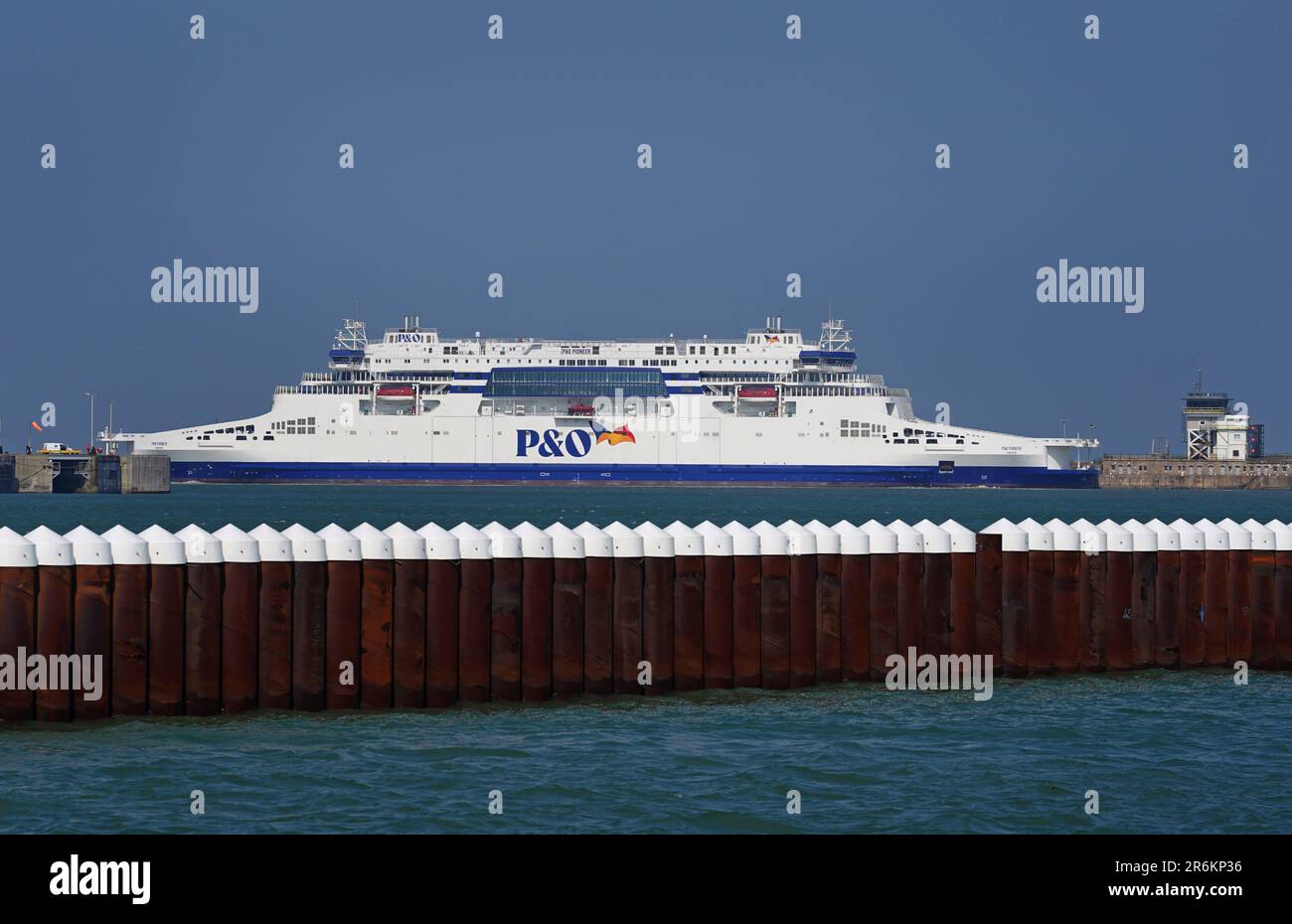 A view of the P&O Pioneer ferry moored at the Port of Dover in Kent ...