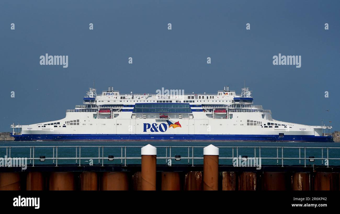 A view of the P&O Pioneer ferry moored at the Port of Dover in Kent ...