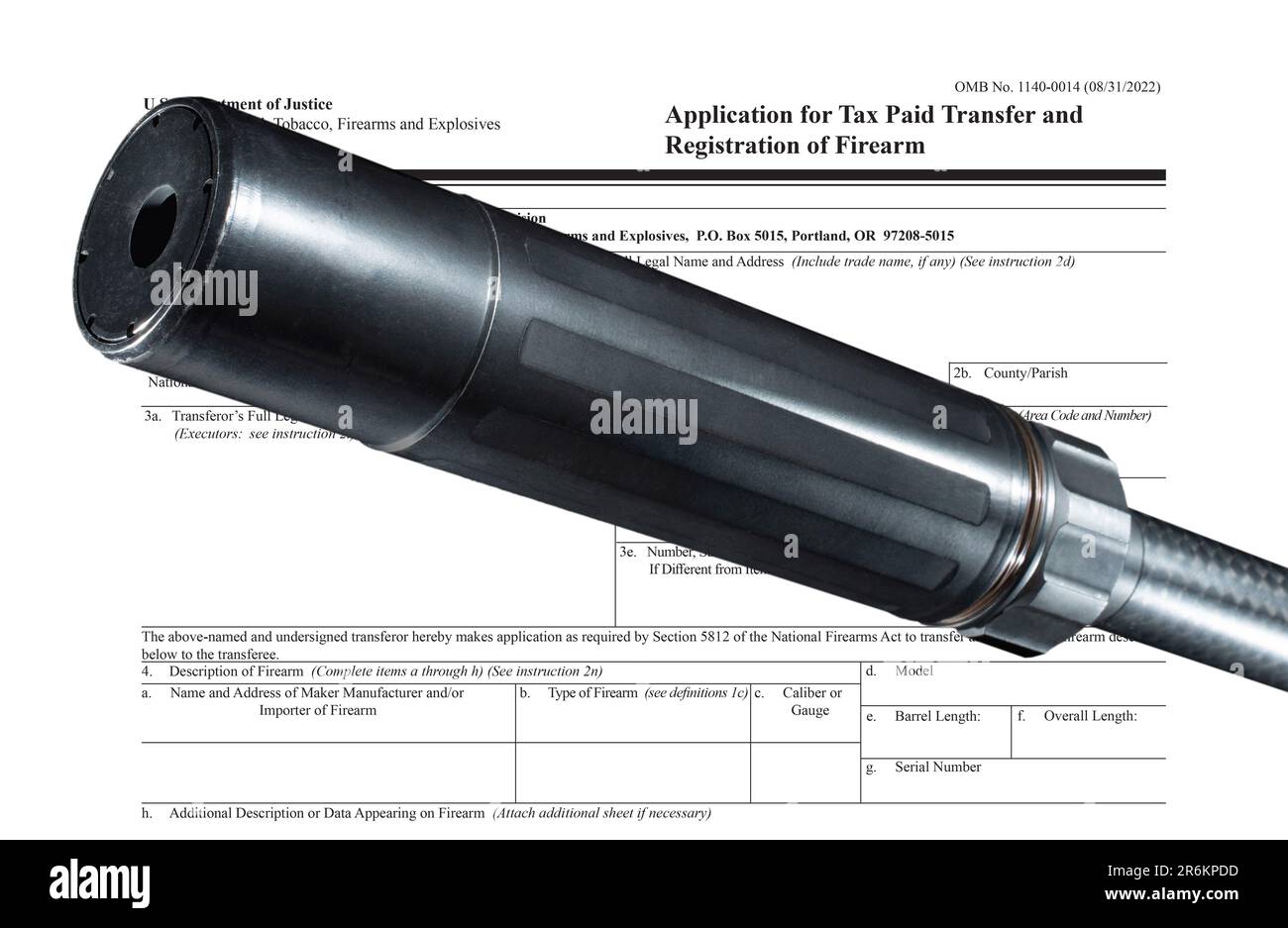 Large rifle silencer with the ATF public domain tax form to purchase it ...