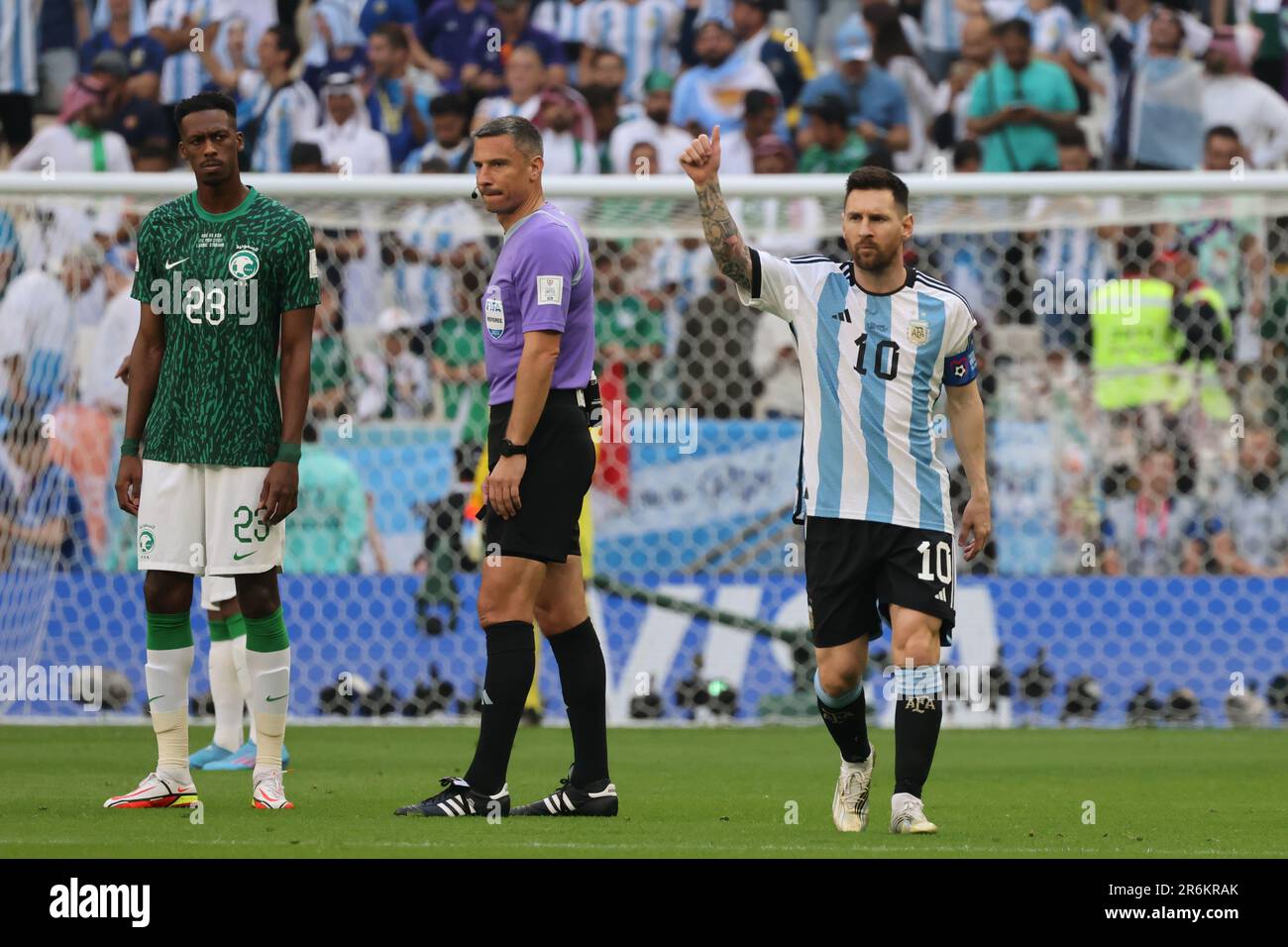 Lusail, Qatar, 22, November, 2022. Lionel Messi celebrates his team’s ...