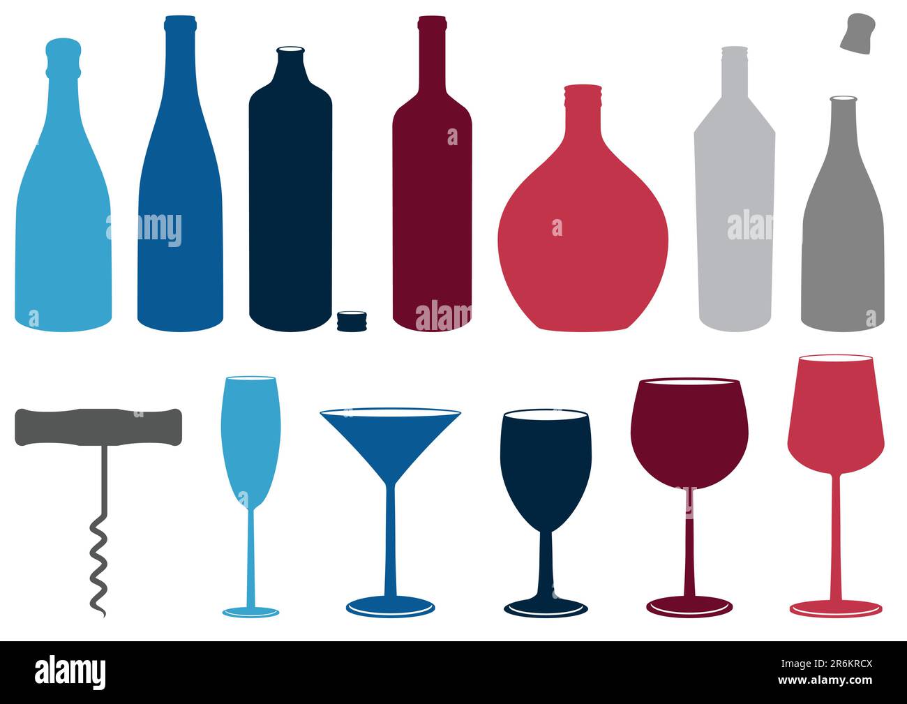 Illustration set of wine and liquor bottles, glasses and corkscrew. All ...