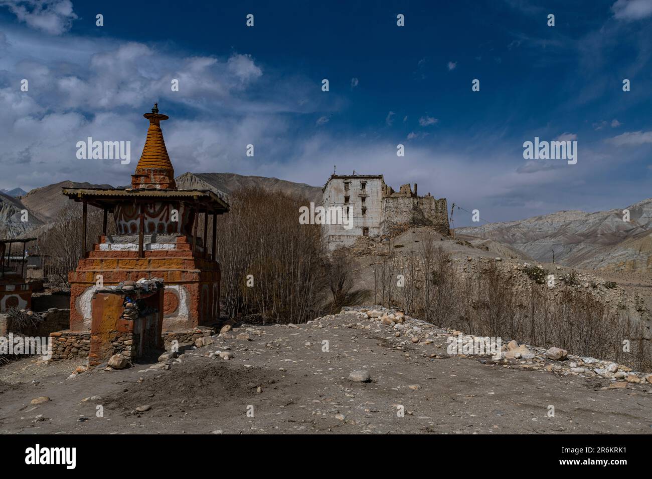 Colourfully painted Buddhist stupa, Kingdom of Mustang, Himalayas ...