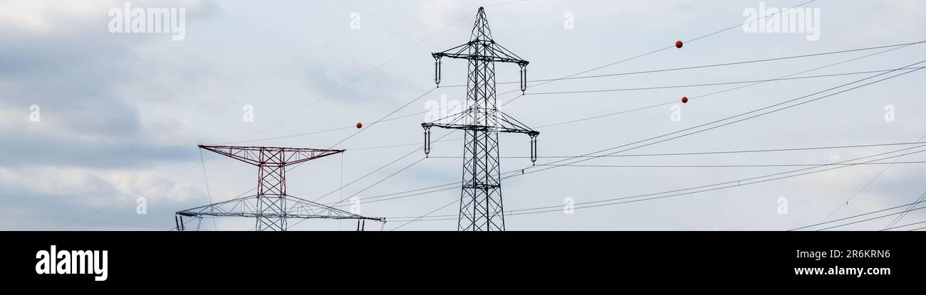 Linkedin banner with high-voltage power line and poles Stock Photo - Alamy