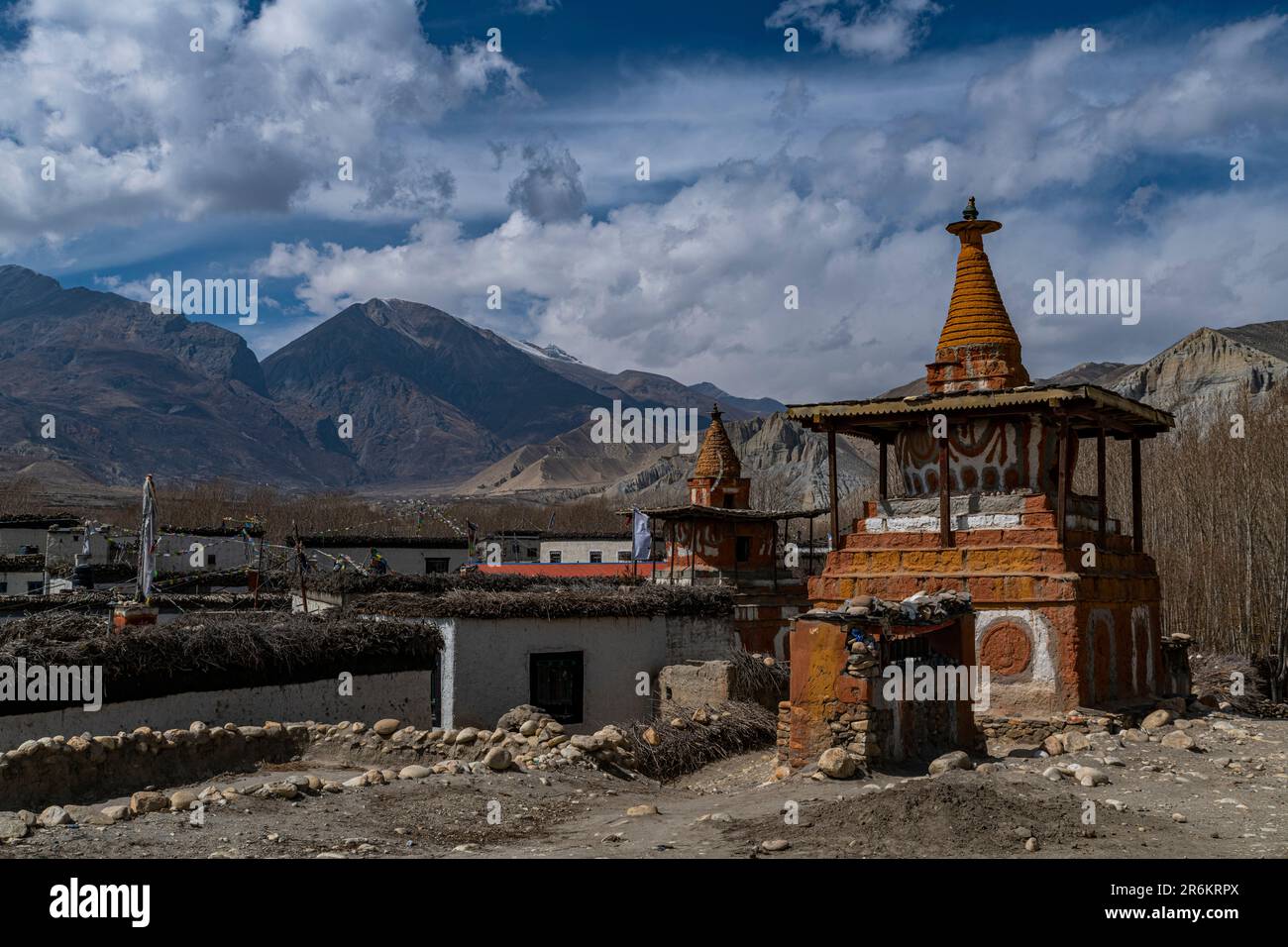 Colourfully painted Buddhist stupa, Kingdom of Mustang, Himalayas ...